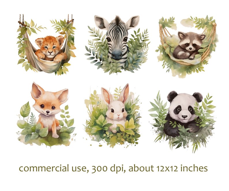 Cute Jungle Animals Clipart PNG, Baby Shower Clipart, Cute Baby Animals ...