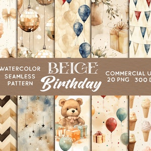 Beige Birthday, Digital Pattern, Birthday Seamless Paper, Beige Pattern ...