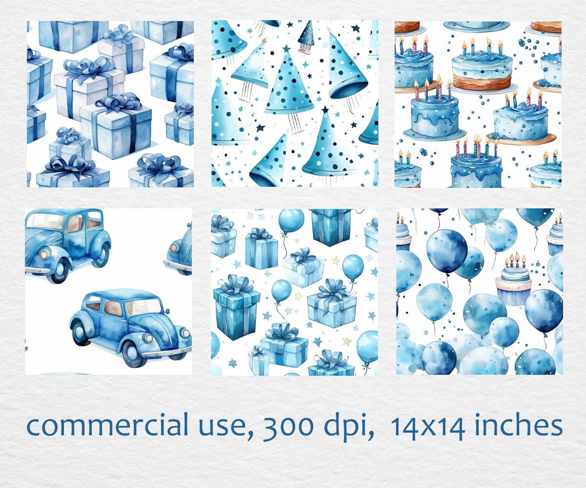 Boy Birthday, Digital Pattern, Blue Birthday, Seamless Paper, Birthday ...