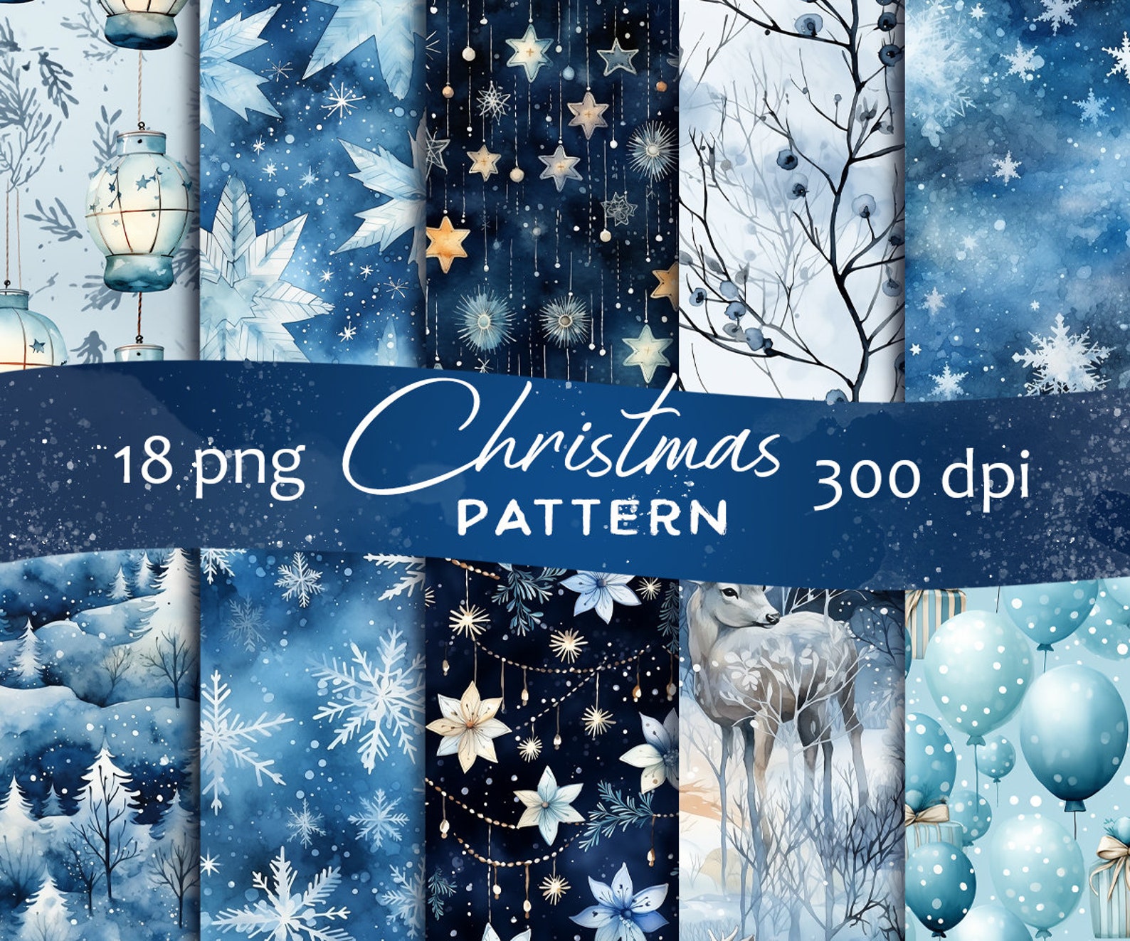 Blue Watercolor Christmas Seamless Pattern, Printable Digital Paper ...