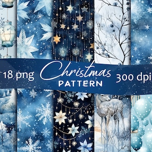 Blue Watercolor Christmas Seamless Pattern, Printable Digital Paper ...