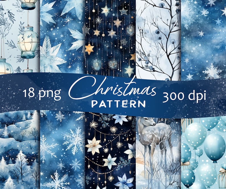 Blue Watercolor Christmas Seamless Pattern, Printable Digital Paper ...