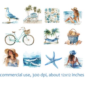 Watercolor Blue Summer Clipart, Ocean Clipart, Summer on the Beach ...