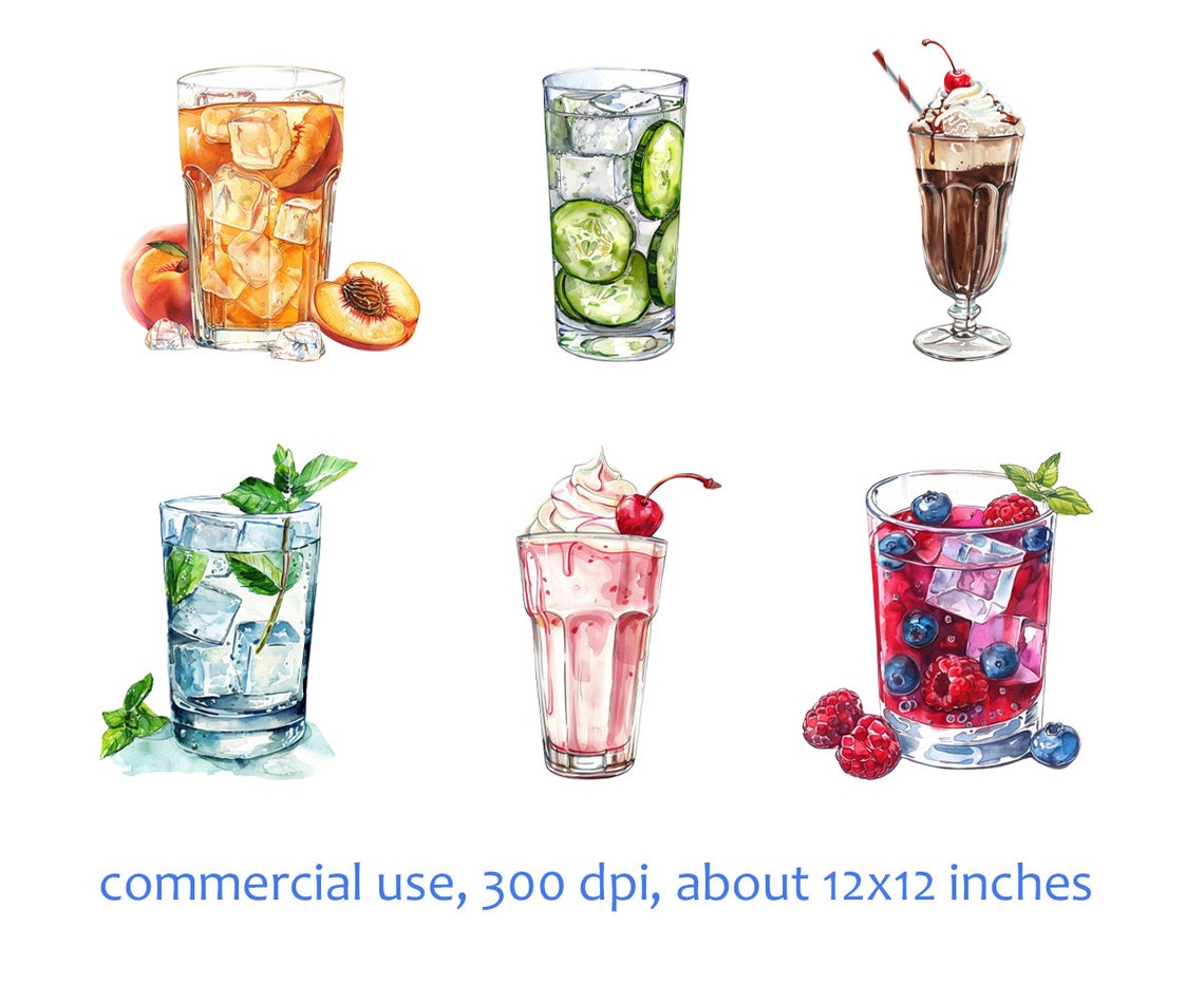 Summer Drinks Watercolor Clipart Set Perfect for Cocktails, Lemonade ...