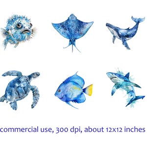 Watercolor Under the Sea Blue Clipart, Ocean Clipart, Whales and Sharks ...
