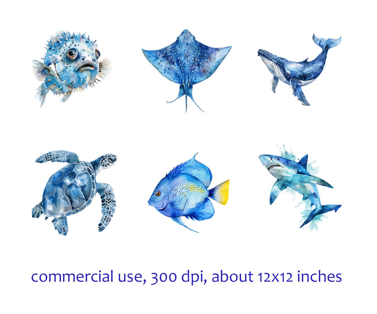 Watercolor Under the Sea Blue Clipart, Ocean Clipart, Whales and Sharks ...