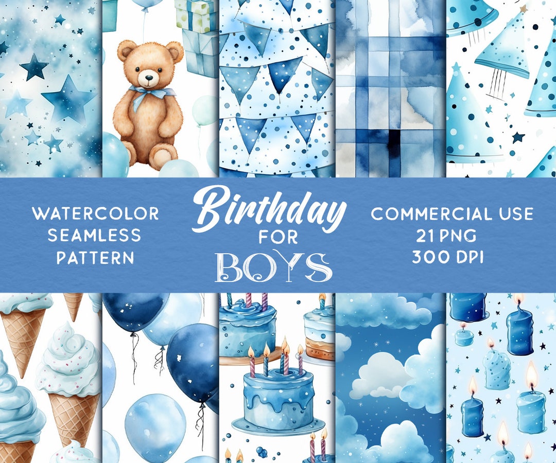 Boy Birthday, Digital Pattern, Blue Birthday, Seamless Paper, Birthday ...