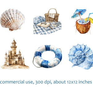 Watercolor Blue Summer Clipart, Ocean Clipart, Summer on the Beach ...