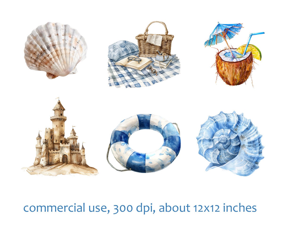 Watercolor Blue Summer Clipart, Ocean Clipart, Summer on the Beach ...