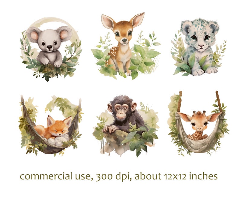 Cute Jungle Animals Clipart PNG, Baby Shower Clipart, Cute Baby Animals ...
