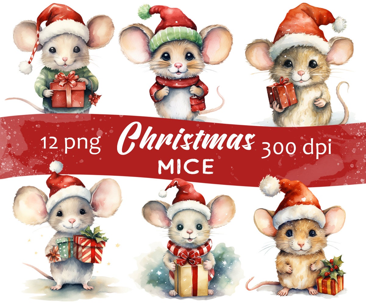Christmas Mice PNG Clipart, Winter Watercolor Bundle, Mice Clipart ...