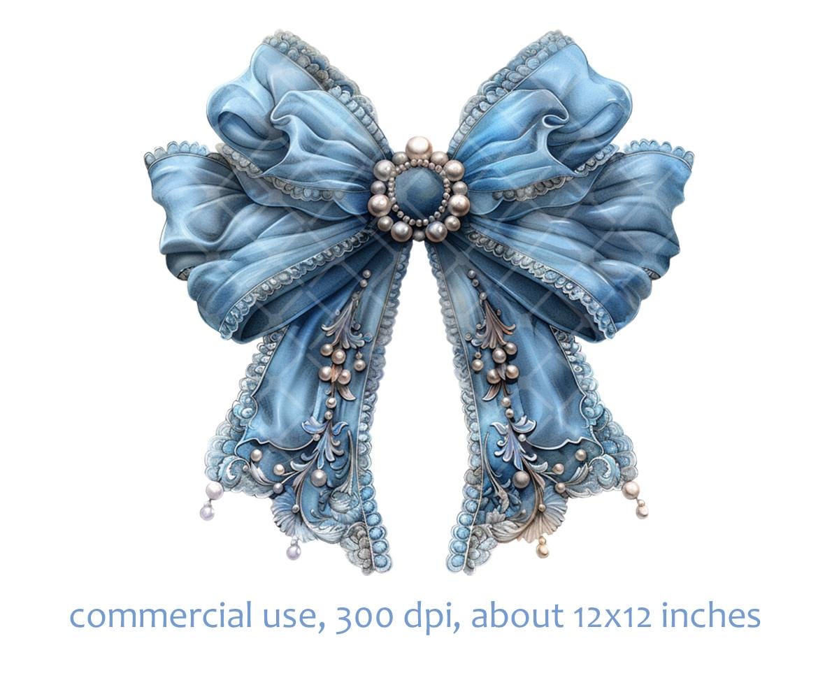 11 Blue Lace Bow With Pearl - PNG Format Instant Download for ...