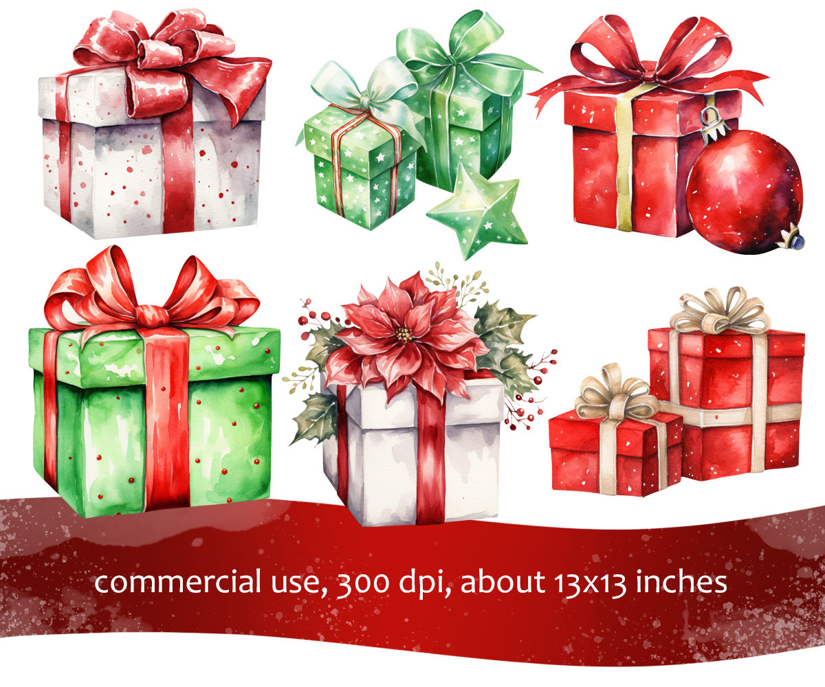 Christmas Red Green Gifts Watercolor Clipart, Christmas Presents ...