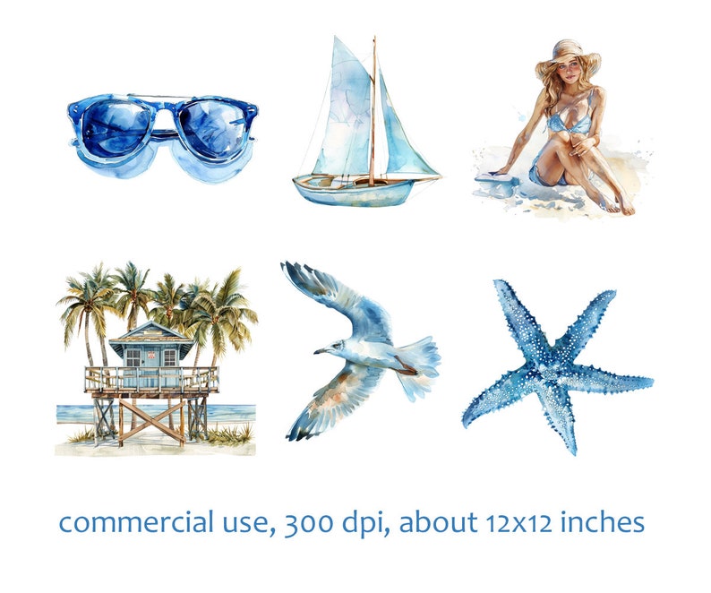 Watercolor Blue Summer Clipart, Ocean Clipart, Summer on the Beach ...
