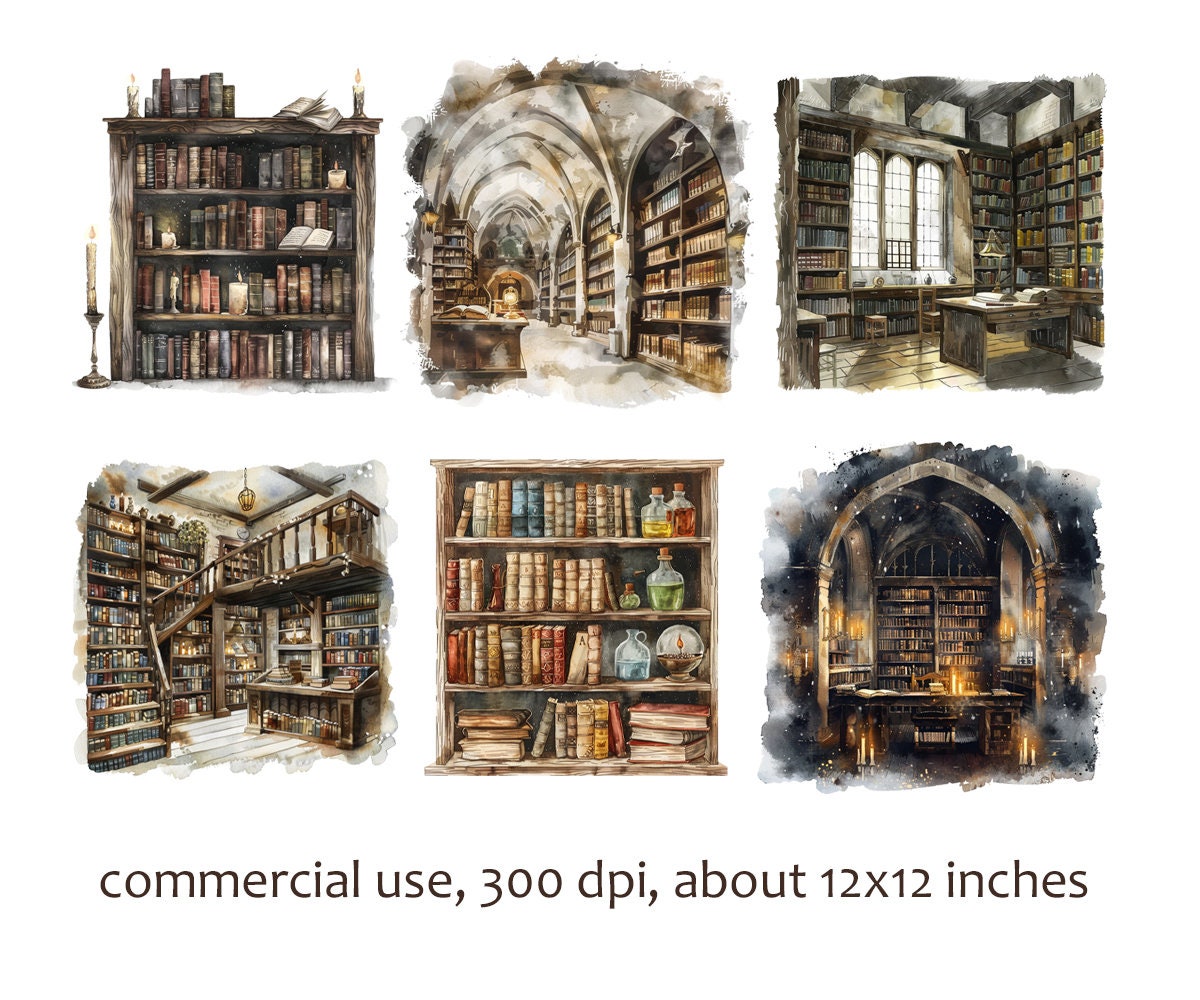 Vintage Library Clipart, Old Vintage Library, Watercolor Book Clipart ...