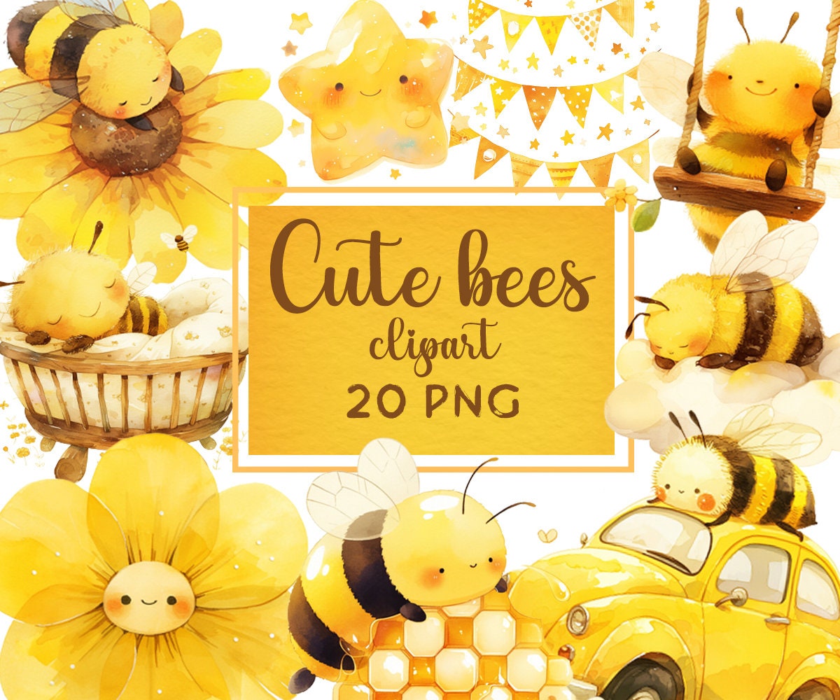 Cute Bee Watercolor Clip Art Bundle, Bees for Children's Room, Bees for ...