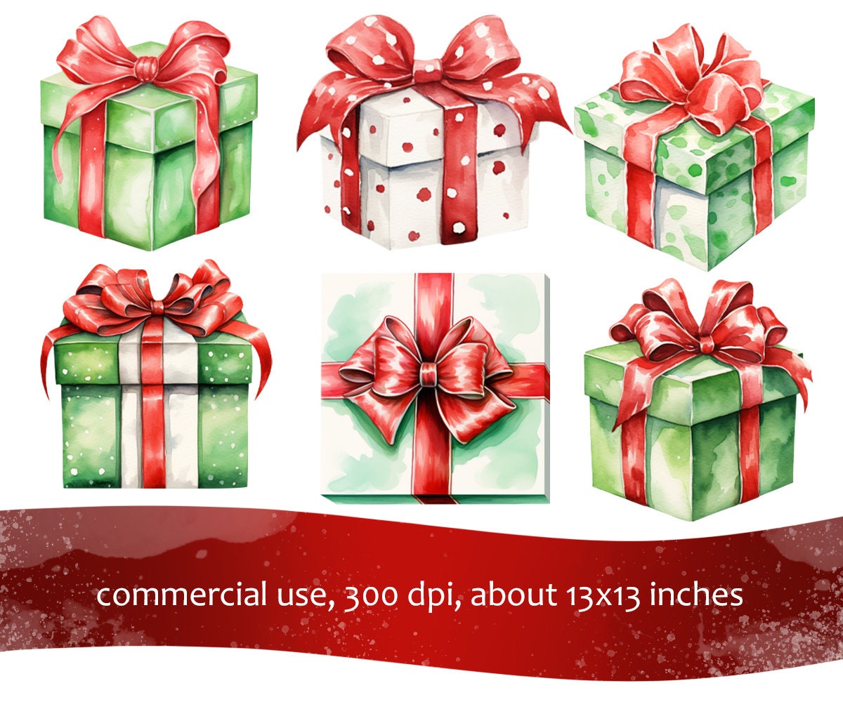 Christmas Red Green Gifts Watercolor Clipart, Christmas Presents ...