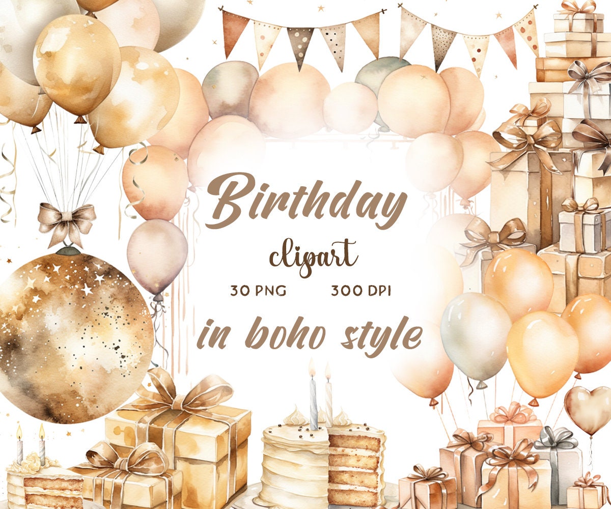 Birthday in Boho Style, Birthday Clipart, Watercolor Birthday Clipart ...