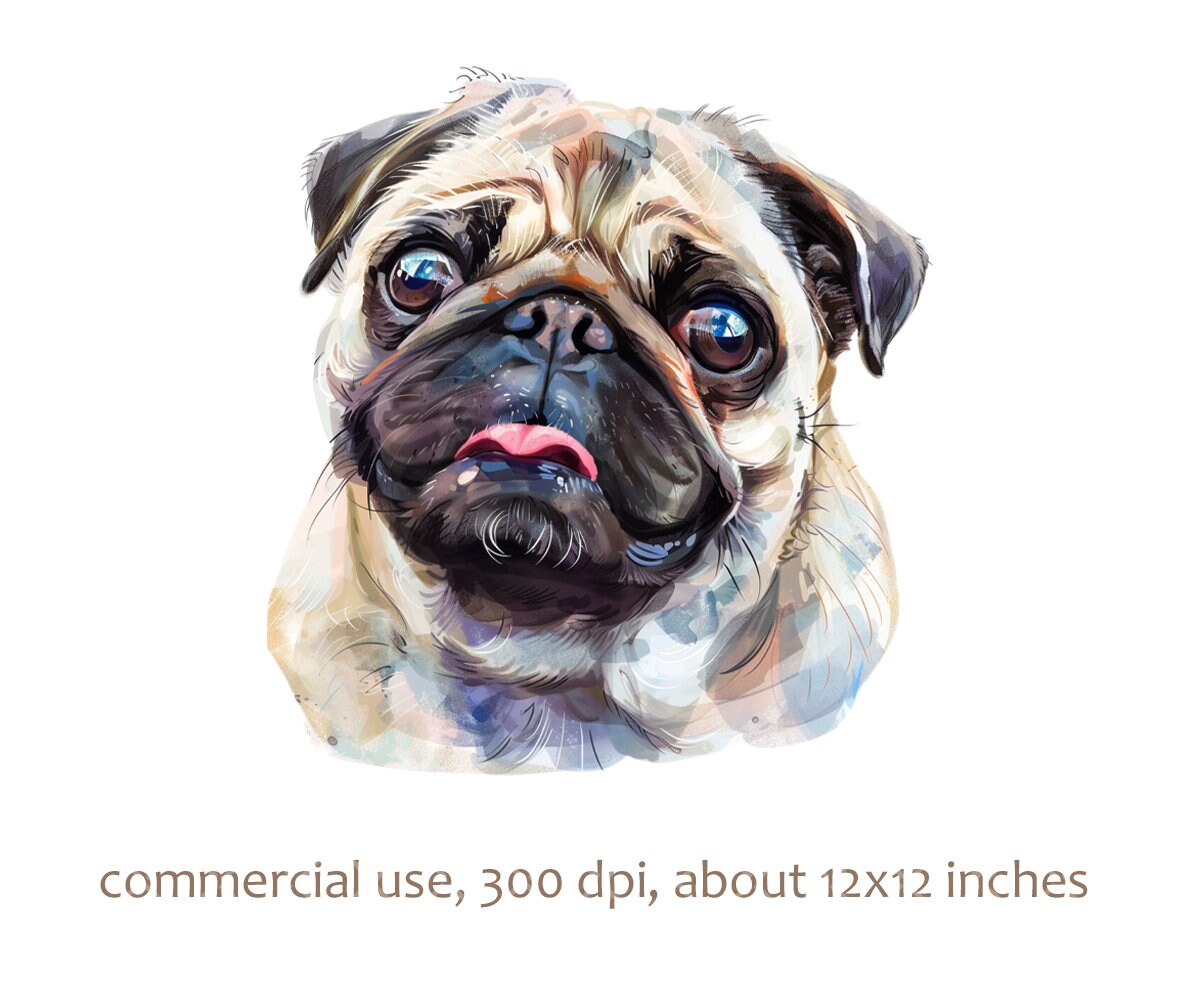 10 Watercolor Pug Clipart, Printable Dogs Watercolor Clipart, Digital ...
