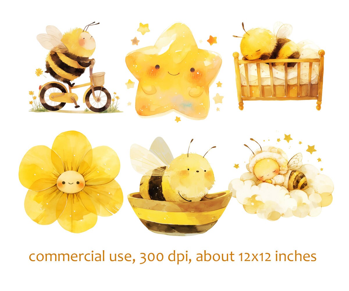 Cute Bee Watercolor Clip Art Bundle, Bees for Children's Room, Bees for ...