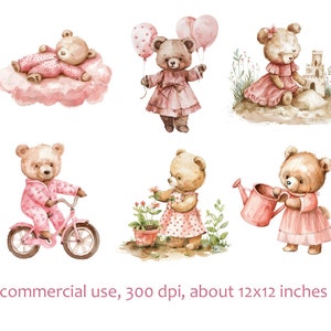 Sweet Baby Girl Teddy Bear Clipart Bundle - Watercolor Baby Shower ...