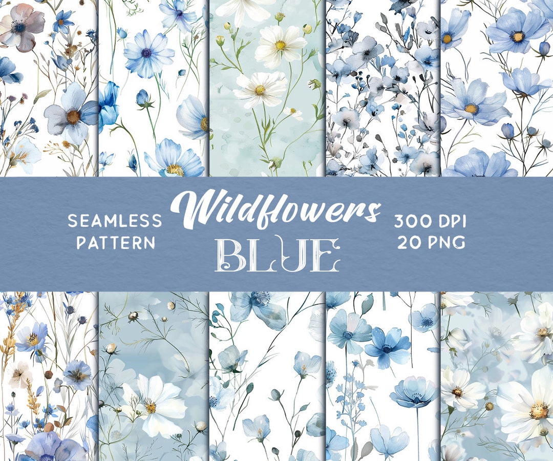 Blue Wildflowers Seamless Pattern: Watercolor Floral Digital Paper (PNG ...