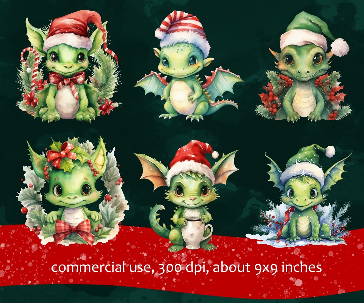 Cute Baby Dragon Clipart, Christmas Dragon Clipart, Watercolor Dragon ...