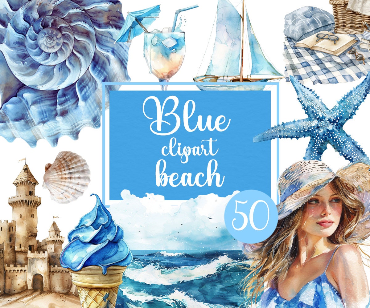 Watercolor Blue Summer Clipart, Ocean Clipart, Summer on the Beach ...