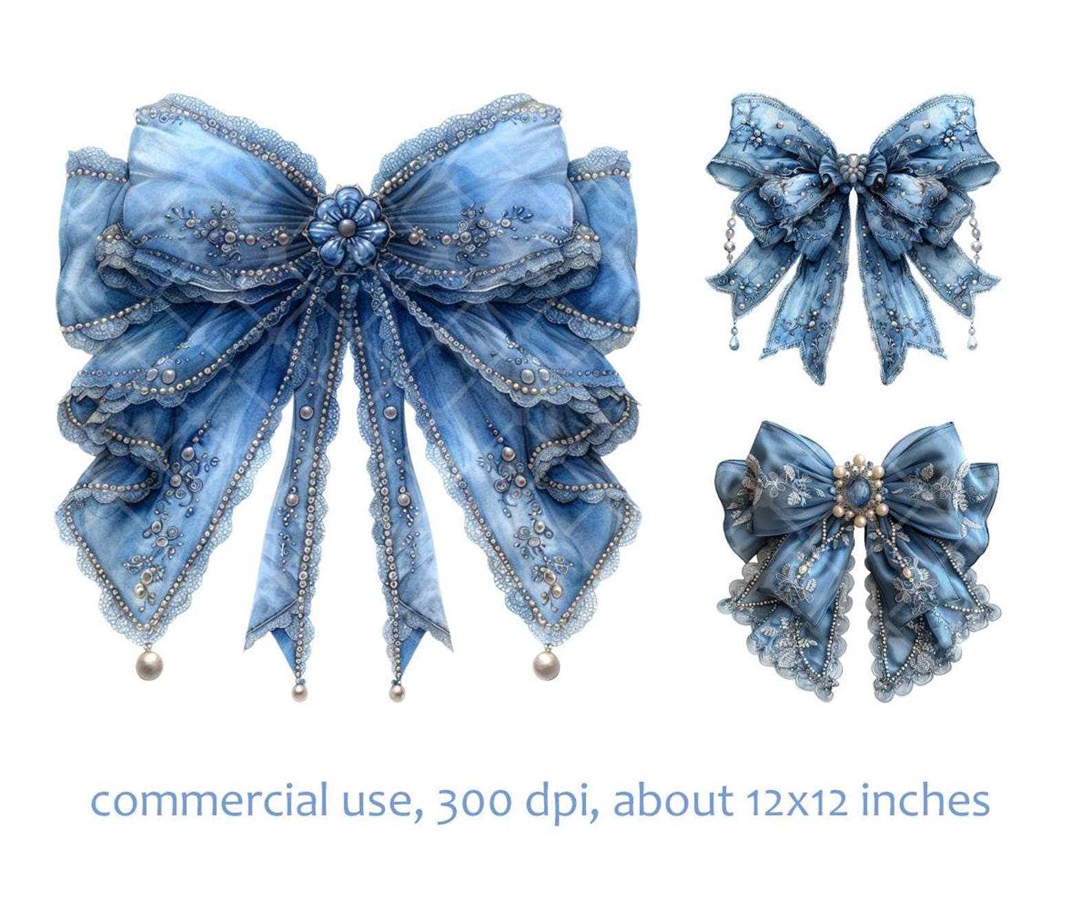 11 Blue Lace Bow With Pearl - PNG Format Instant Download for ...