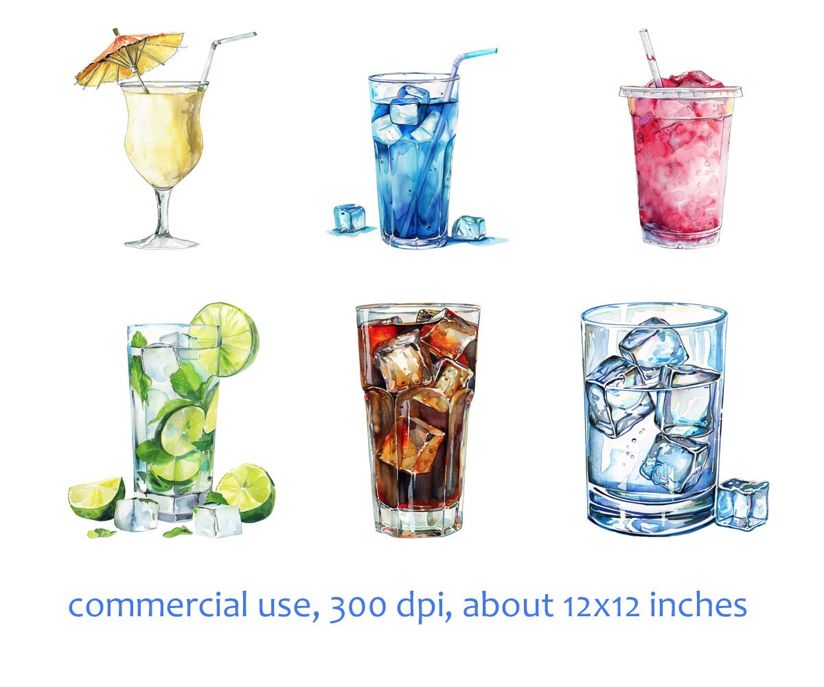 Summer Drinks Watercolor Clipart Set Perfect for Cocktails, Lemonade ...