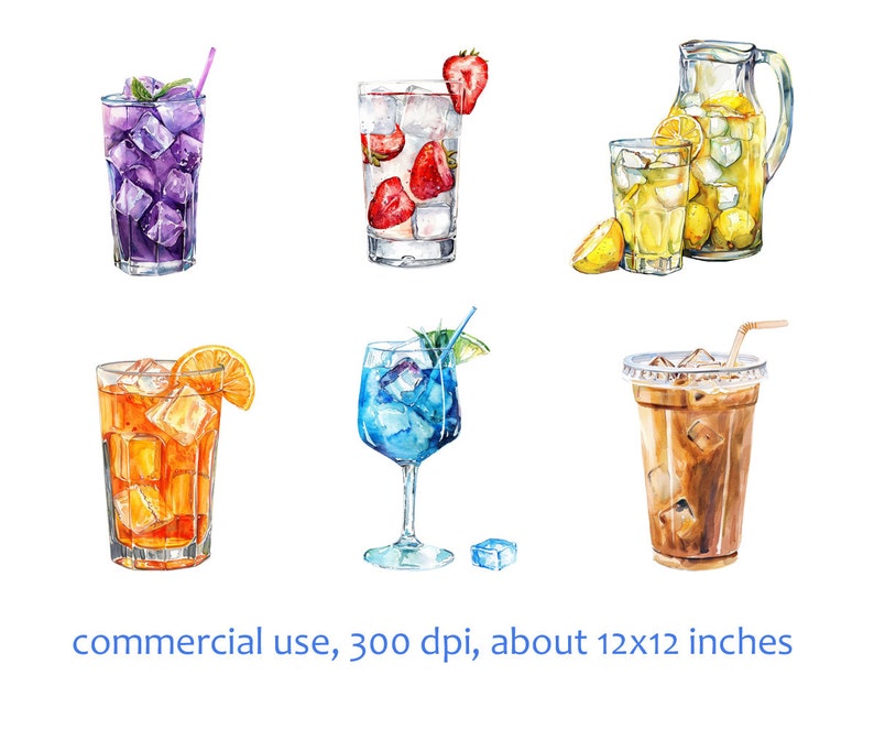 Summer Drinks Watercolor Clipart Set Perfect for Cocktails, Lemonade ...