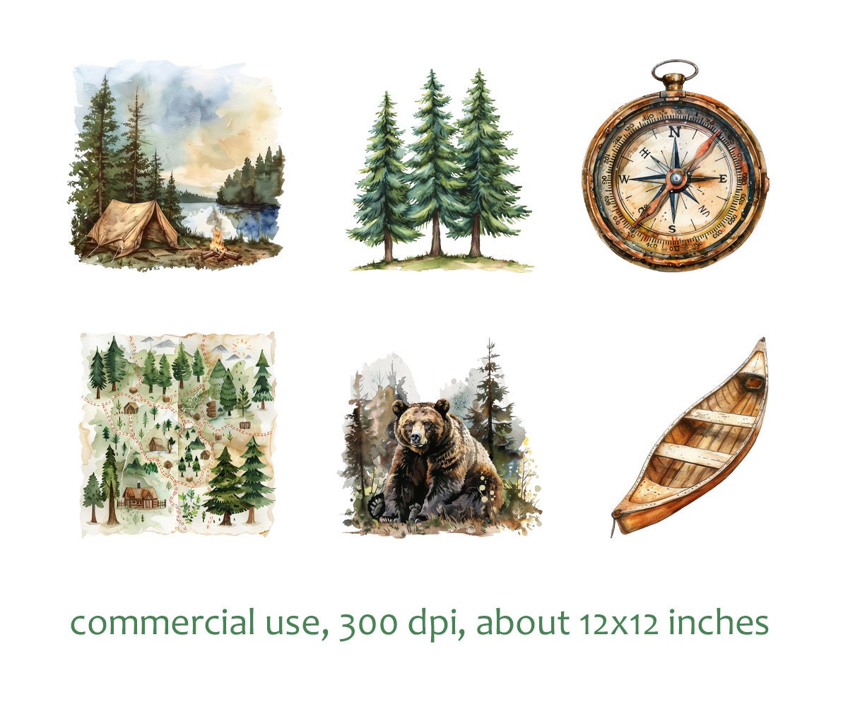 Watercolor Summer Camping Clipart, PNG, Forest Hiking, Travel Vacation ...