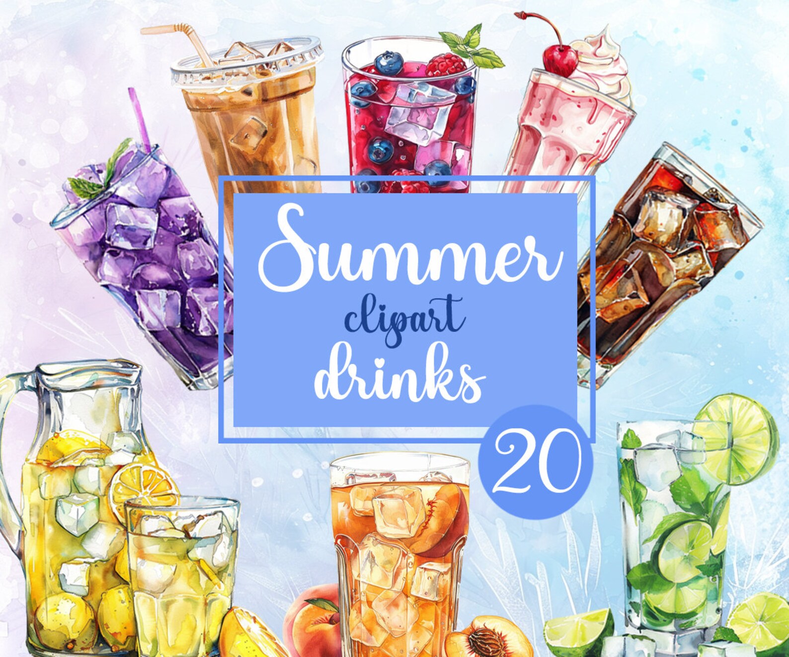 Summer Drinks Watercolor Clipart Set Perfect for Cocktails, Lemonade ...