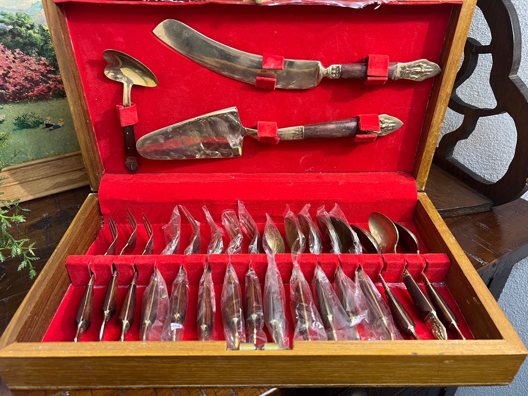 Vtg Cutlery Serving Set in Wooden Felt-lined Box - Old Nickle Bronze ...