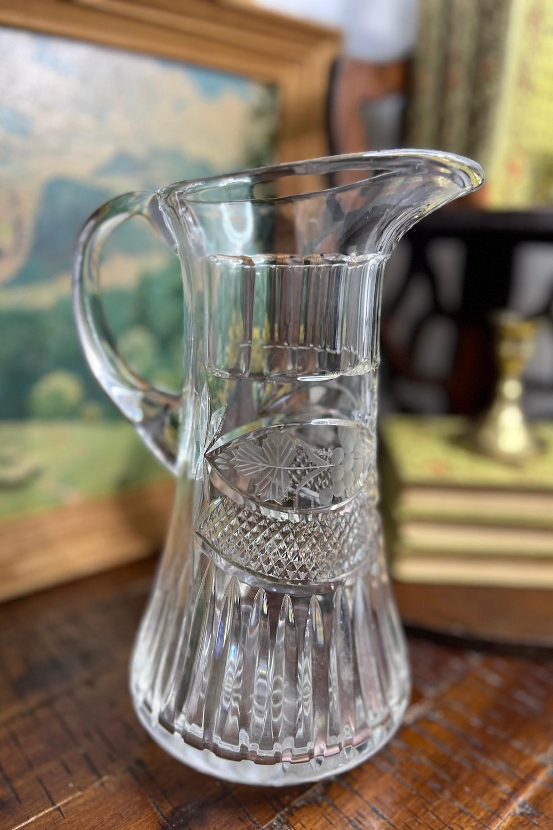 Vintage Heavy Lead Crystal Pitcher With Etched Designs - Etsy