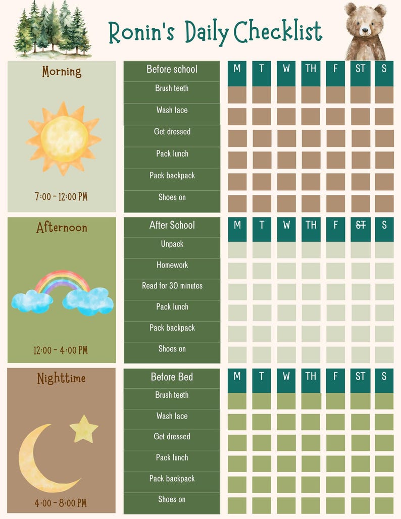 Customizable Kids Daily Routine Chart: Woodland Theme (canva Template ...