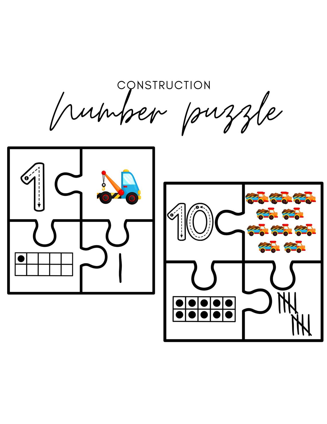 Construction Number Puzzle - Learning Numbers 1-10 - Etsy