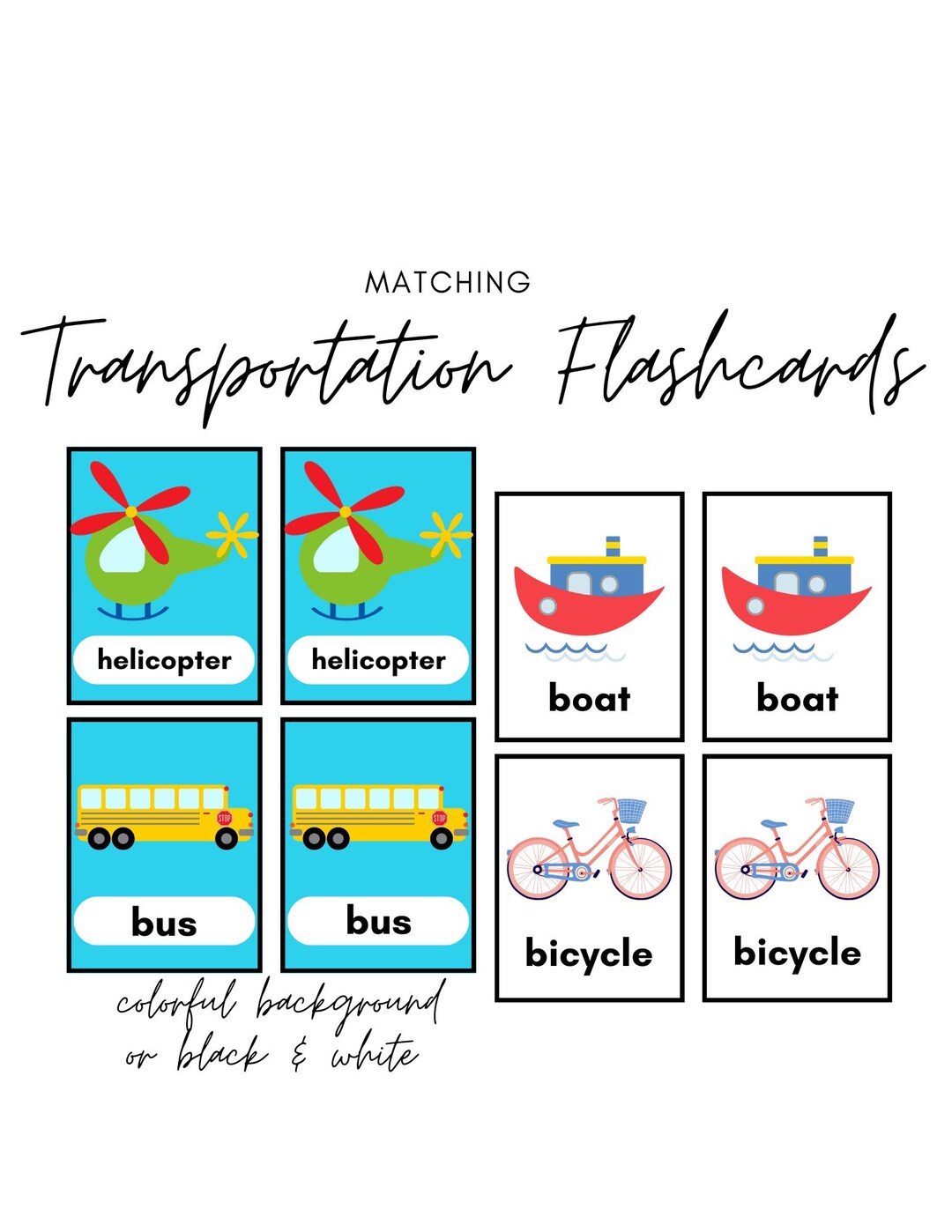 Matching Flashcards- Transportation Theme - Etsy