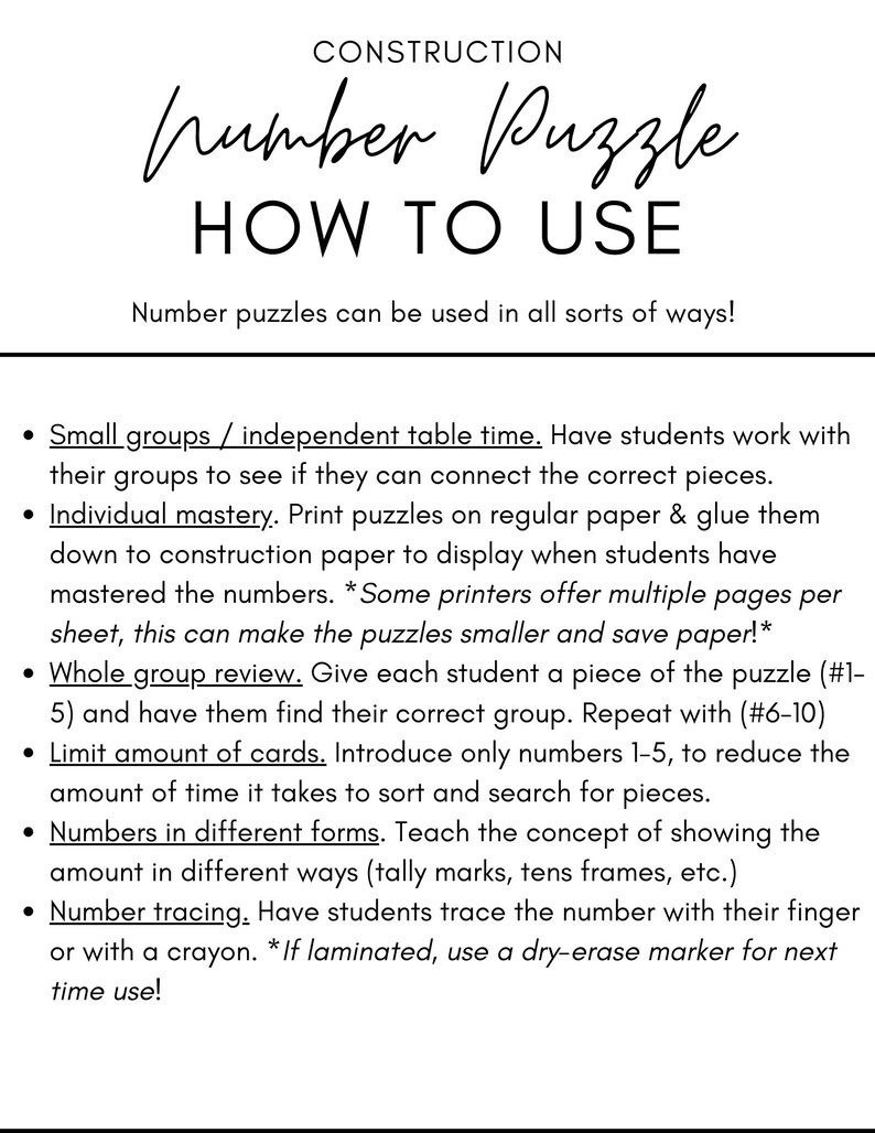 Construction Number Puzzle - Learning Numbers 1-10 - Etsy