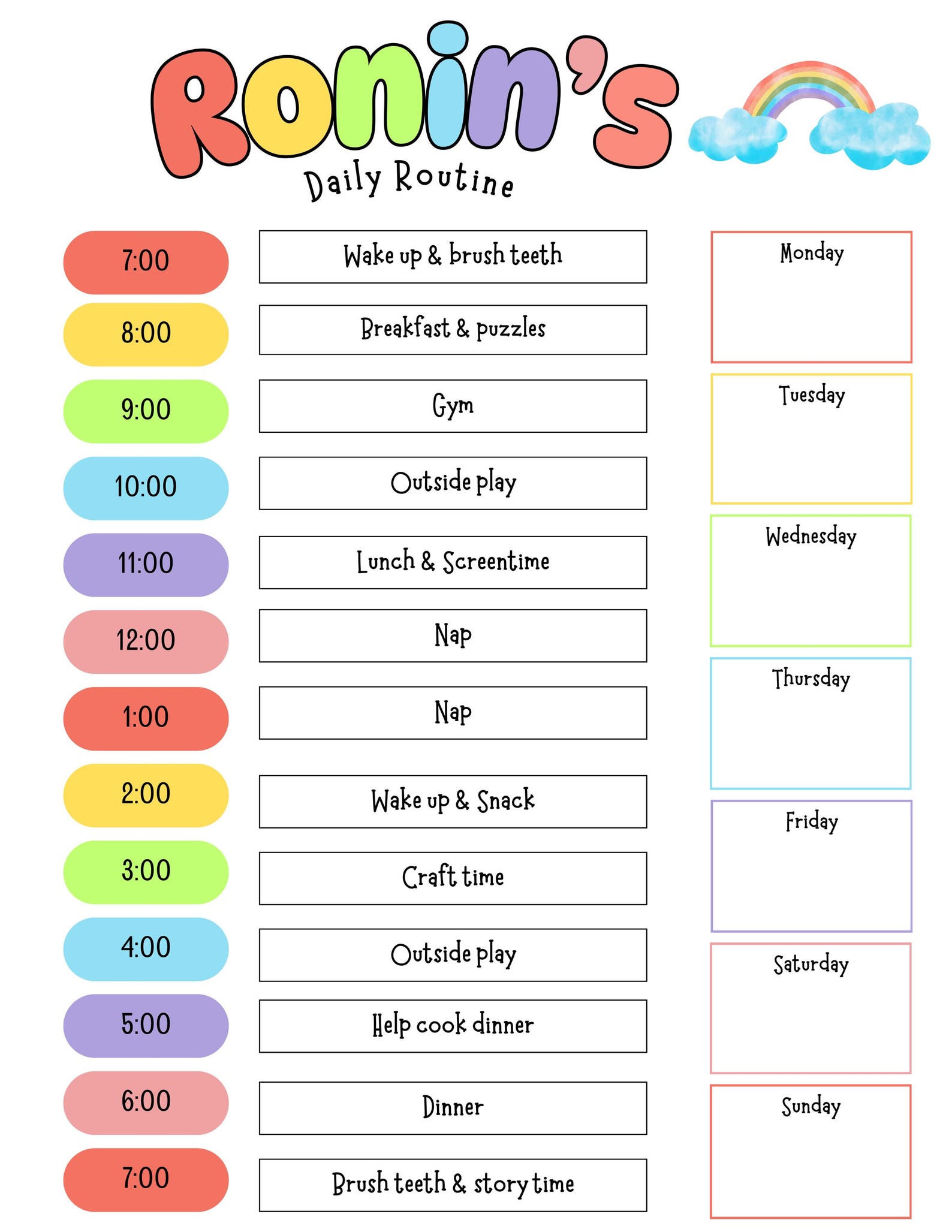 Colorful Customizable Kids Daily Schedule & Daily Routine Chart ...