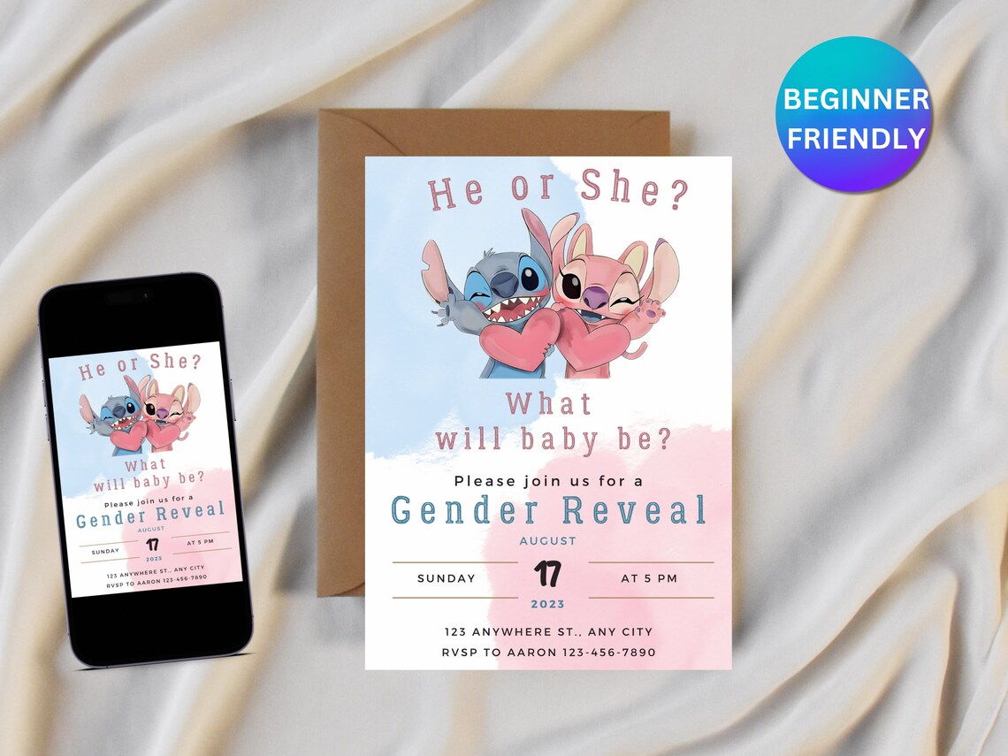 Angel and Stitch Gender Reveal Invitation, Digital and Printable Invite ...