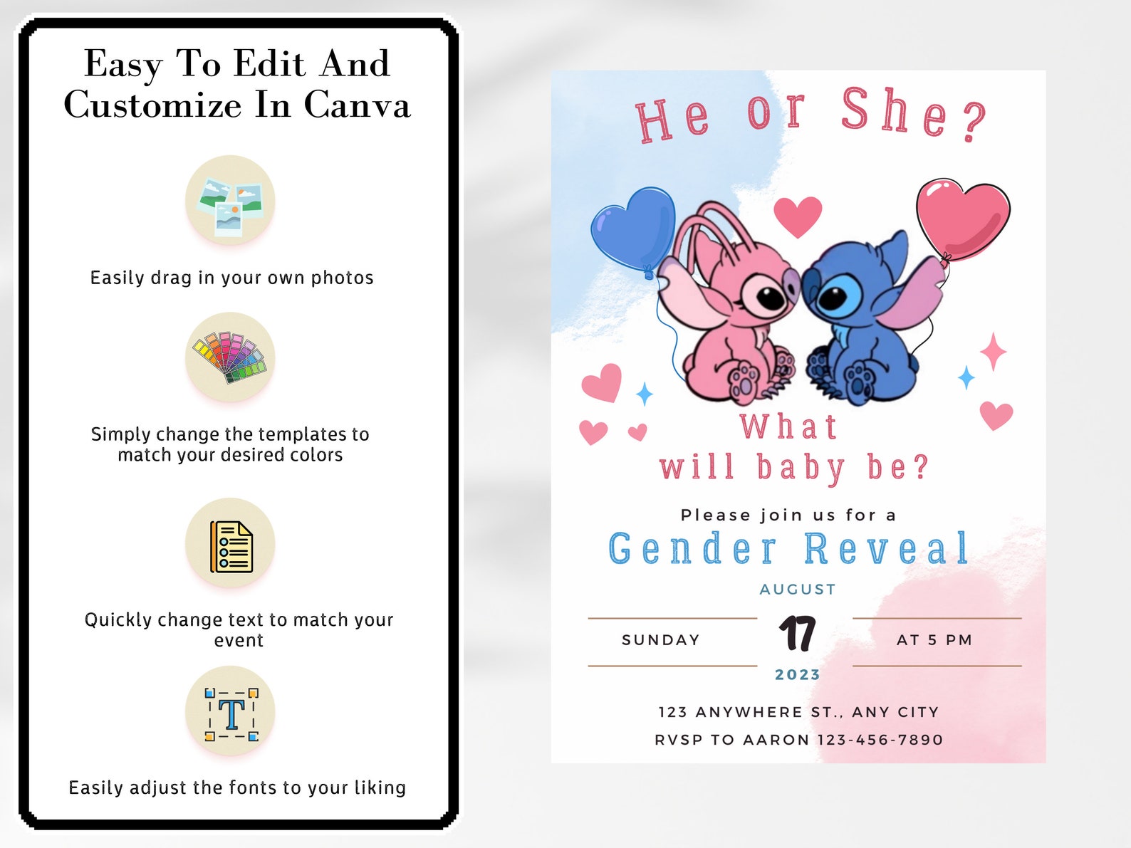 Angel And Stitch Gender Reveal Invitation Valentines Stitch Gender Reveal Digital And