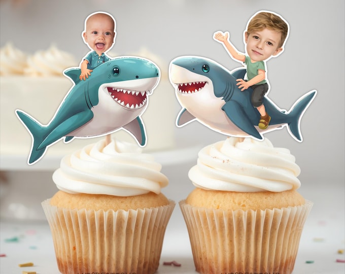 Shark Custom Face Cupcake Topper, Shark Birthday Decorations ...