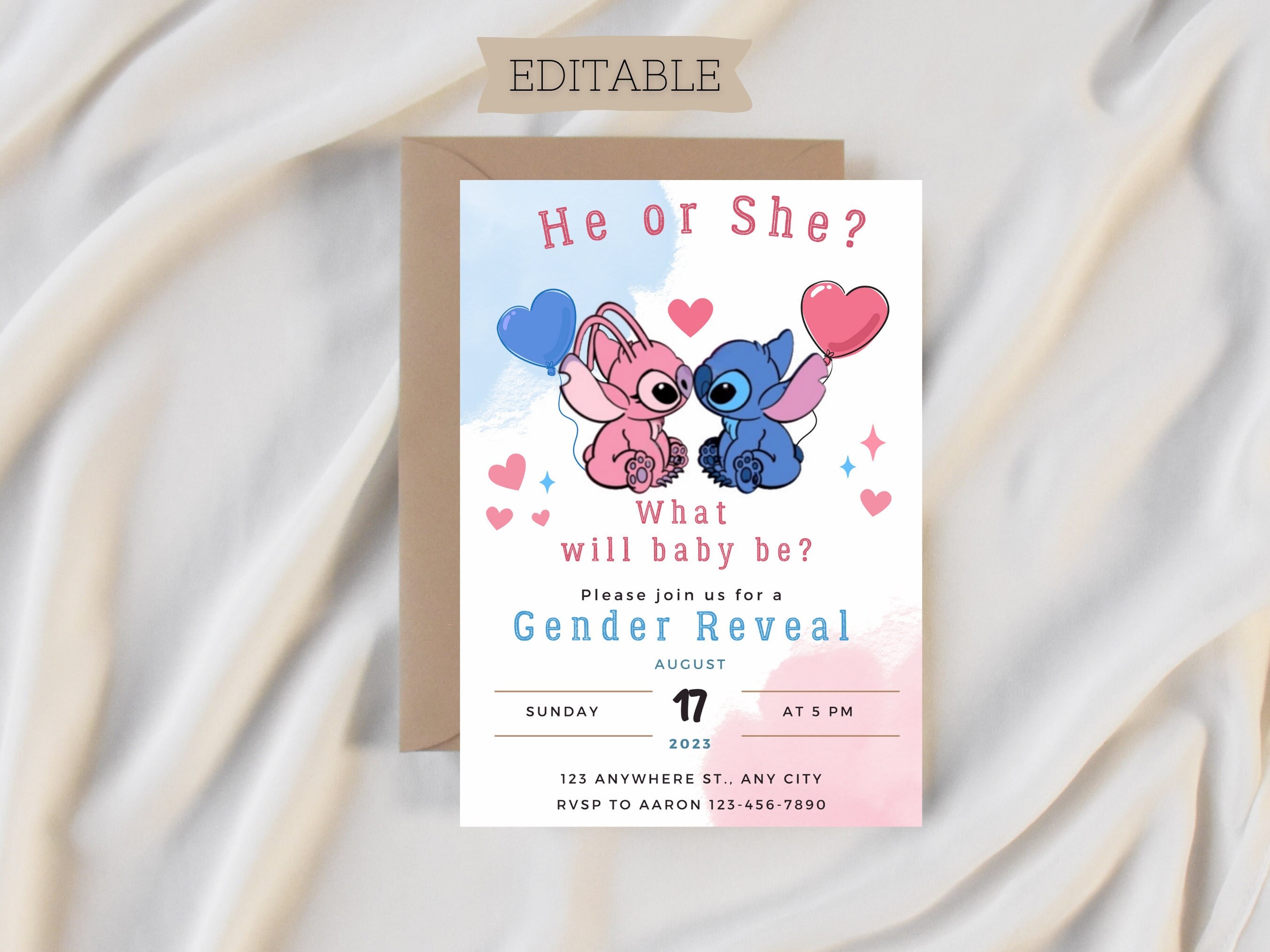 Angel and Stitch Gender Reveal Invitation, Valentines Stitch Gender ...