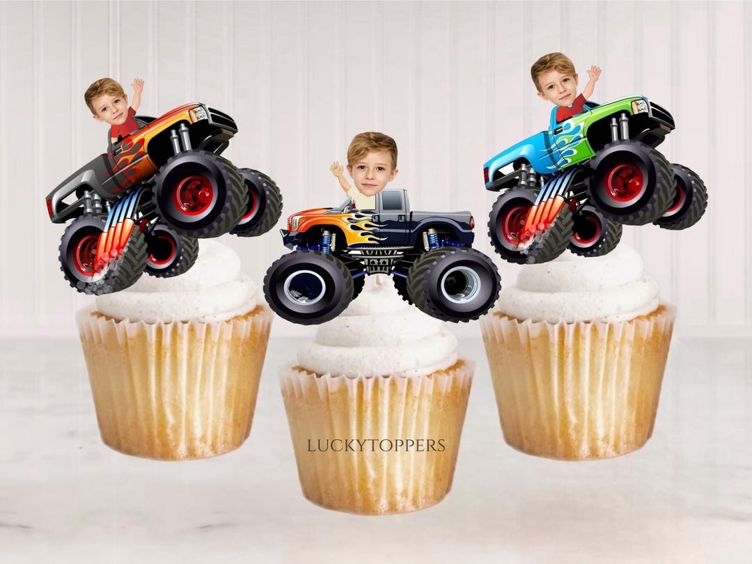 Monster Truck Party Photo Cupcake Toppers, Monster Truck Face Cupcake ...