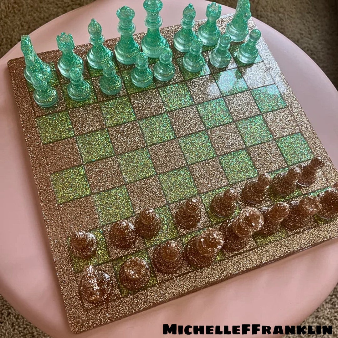 Enchanted Opal & Chunky Pink Glitter Resin Chess and Checkers Set Resin ...