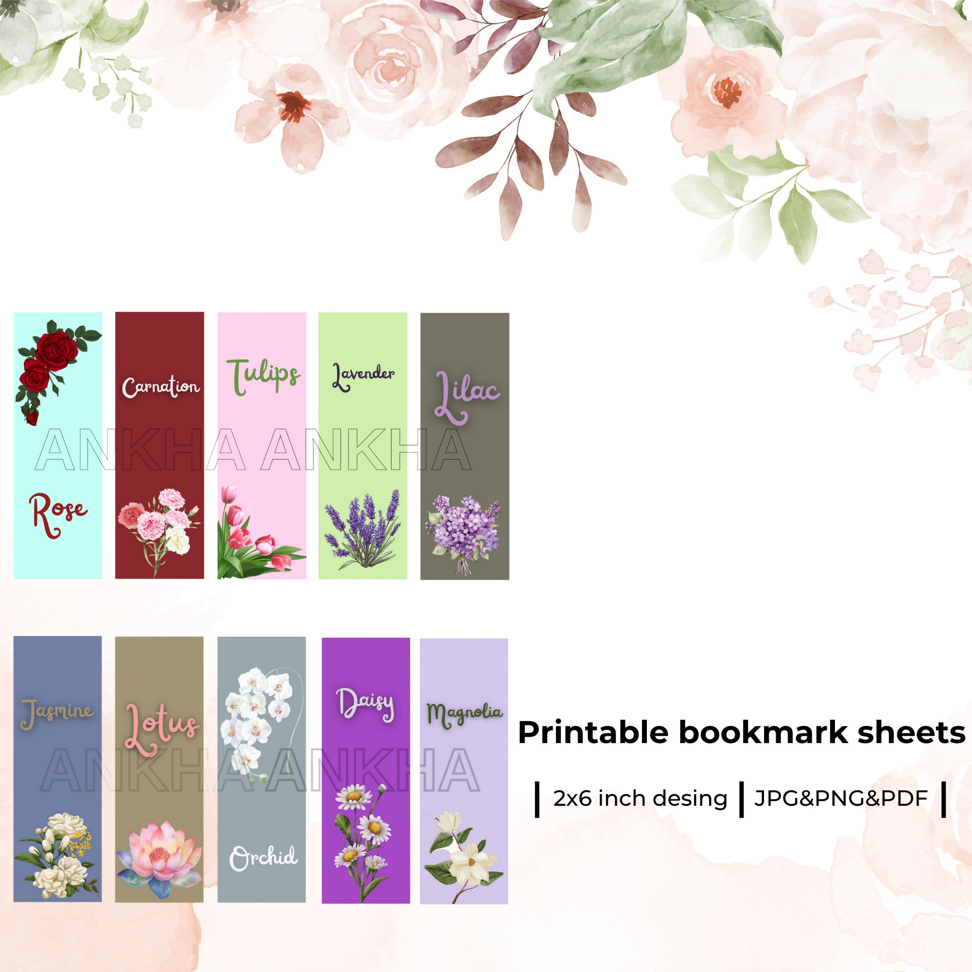 Flowers Printable Bookmark Digital Bookmarks Flowers Bookmarks ...