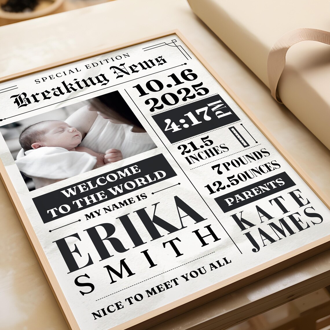 Birth Details Print, Newspaper Baby Birth Print, Birth Poster, Baby ...