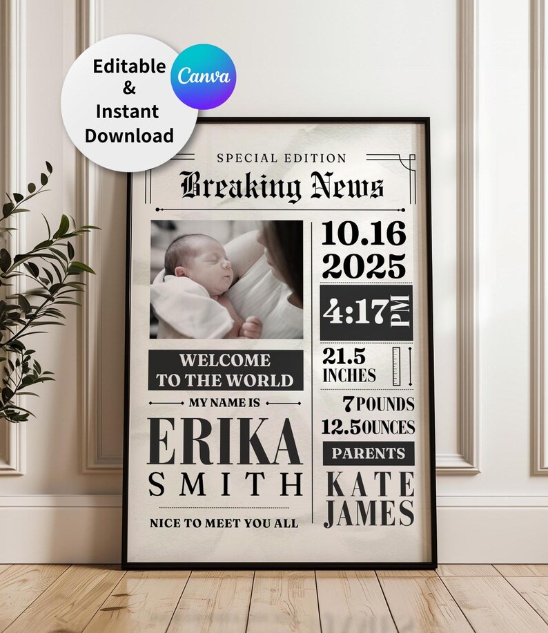 Birth Details Print, Newspaper Baby Birth Print, Birth Poster, Baby ...