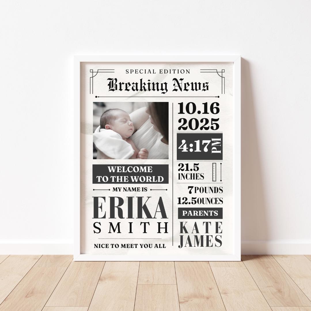 Birth Details Print, Newspaper Baby Birth Print, Birth Poster, Baby ...